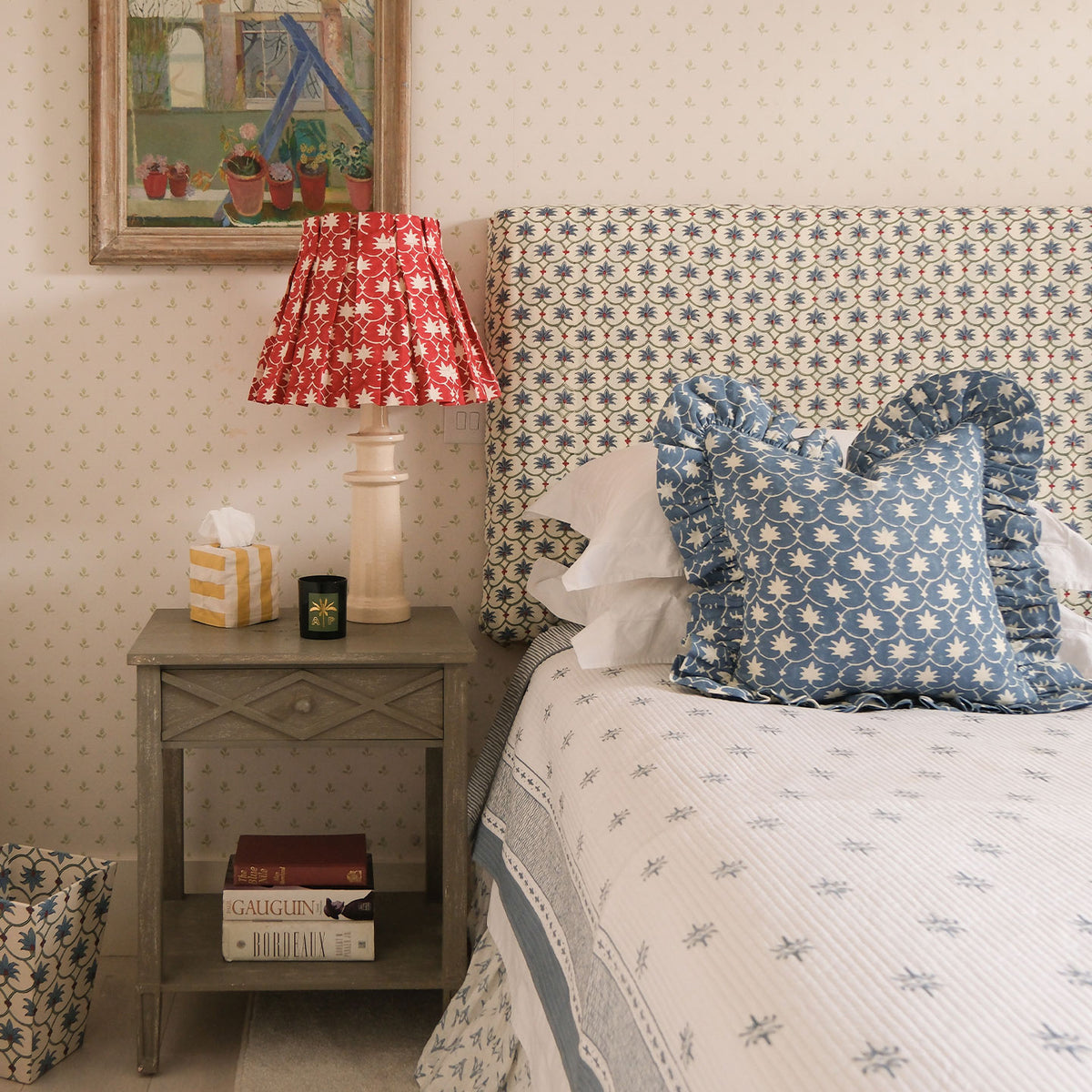 French Blue Inverse Palm Grove Linen Frilly Cushion