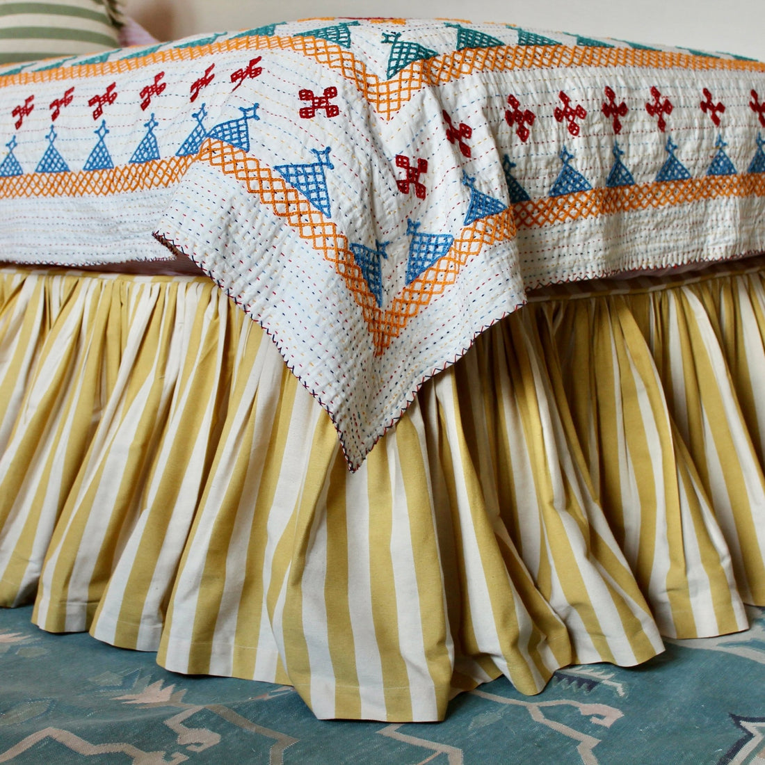 Tangier Olive Stripe Ruffle Bed Valance
