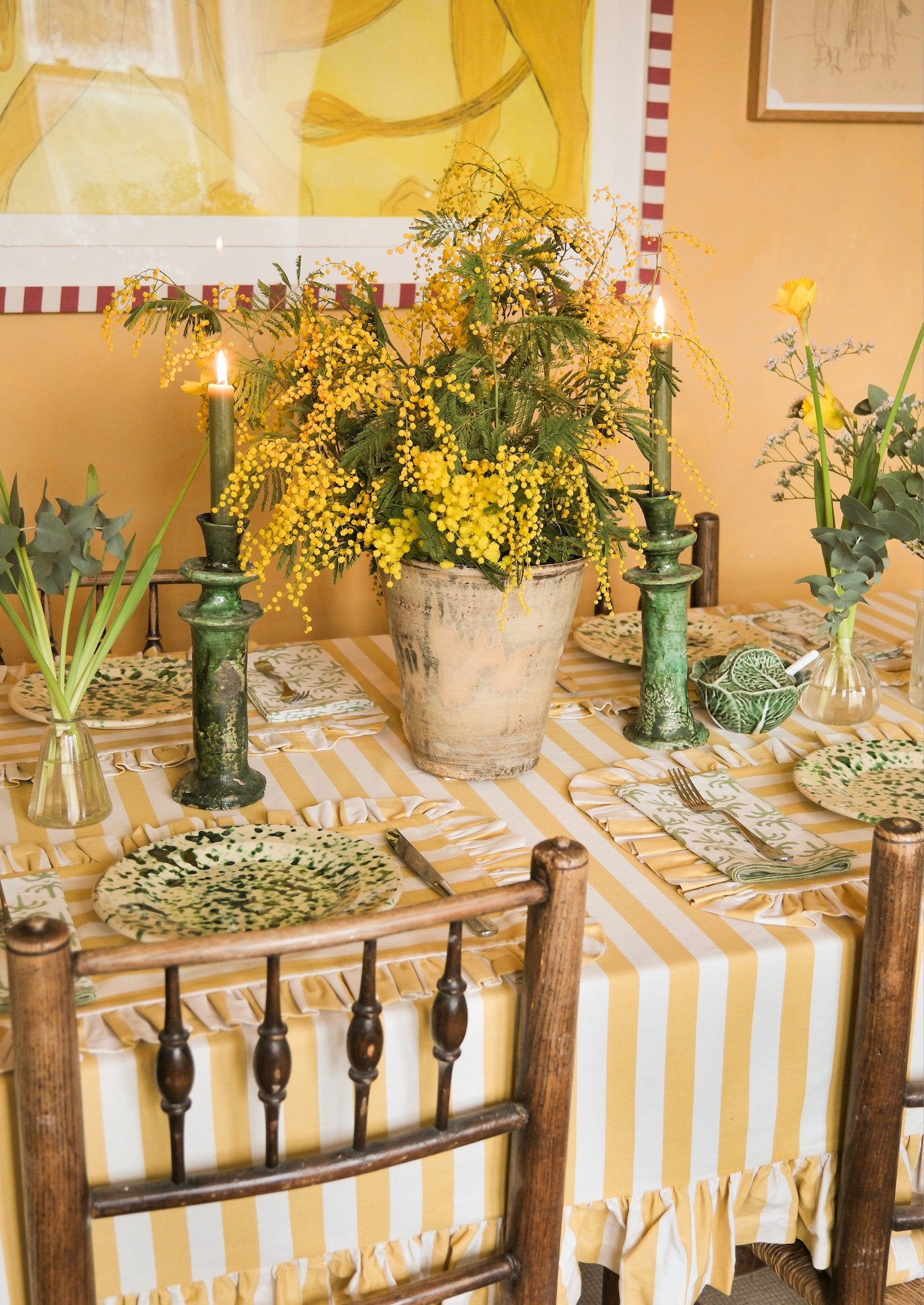 Tangier Mustard Stripe Ruffle Tablecloth
