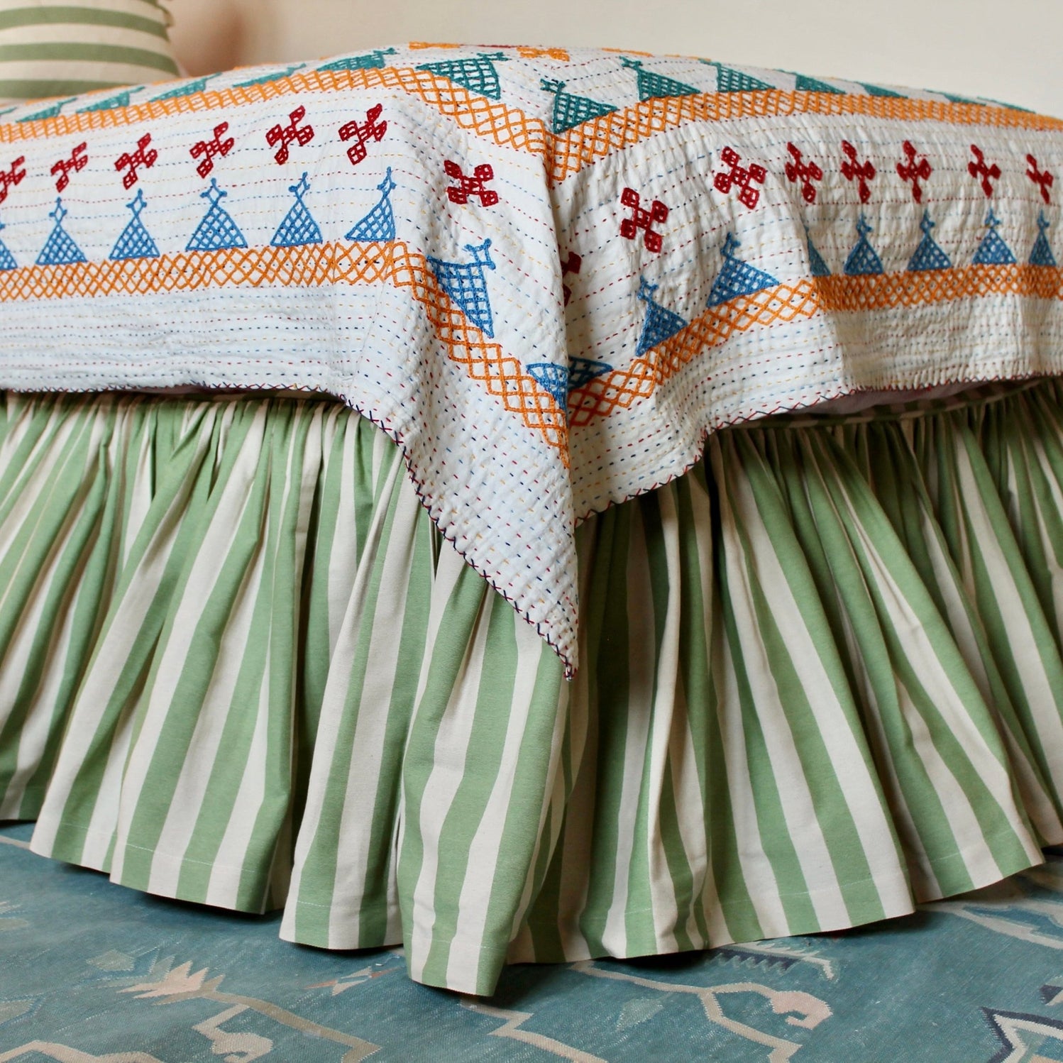 Tangier Olive Stripe Ruffle Bed Valance