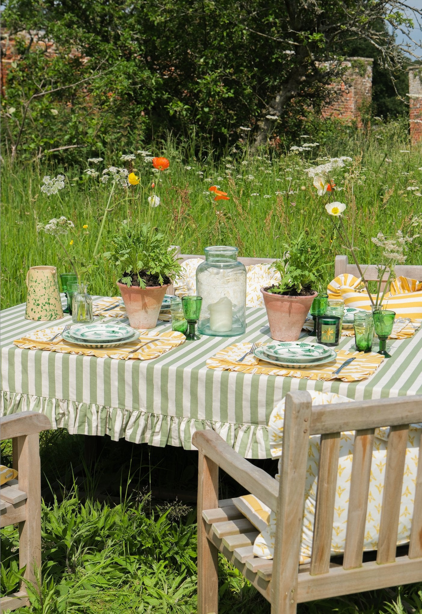 Tangier Olive Stripe Ruffle Tablecloth