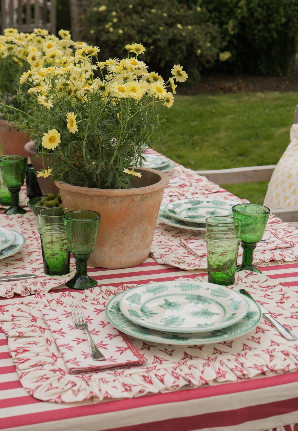 Tangier Red Stripe Ruffle Tablecloth