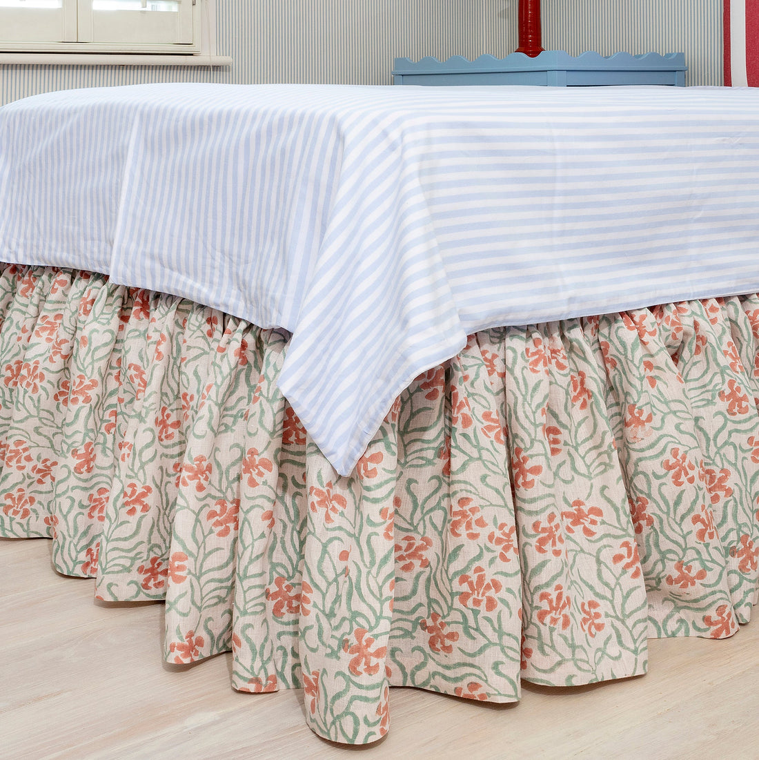 Terracotta and Eucalyptus Okra Linen Ruffle Bed Valance